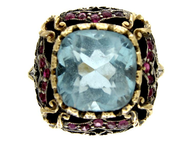 Aquamarine & Ruby Ring - The Antique Jewellery Company