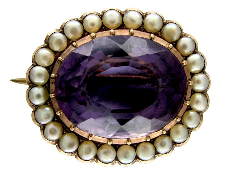 15ct Gold Regency Amethyst & Natural Split Pearls Oval Brooch - The ...