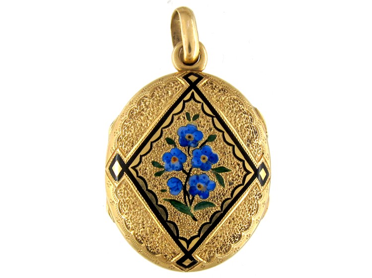 'Forget Me Not' 15ct Gold & Enamel Locket - The Antique Jewellery Company