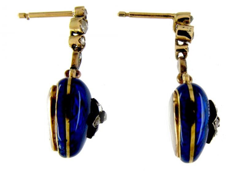 Victorian Blue Enamel Diamond Heart Drop Earrings The Antique