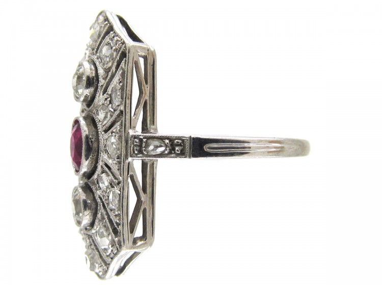 Art Deco Ruby & Diamond Rectangular Ring - The Antique Jewellery Company