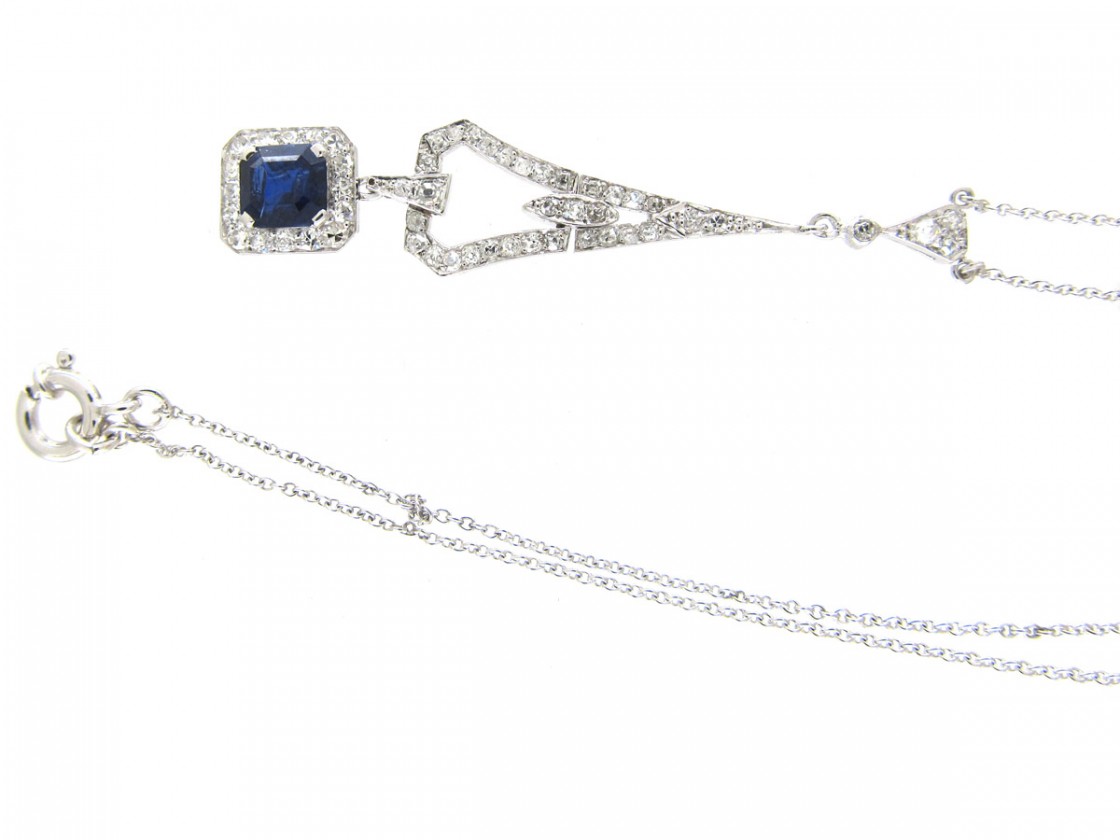 Art Deco Sapphire & Diamond Pendant on Chain - The Antique Jewellery ...
