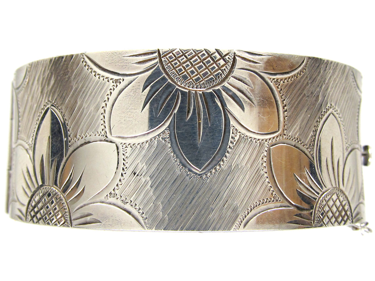 Silver "Mary Quant" Style Flowers Bangle - The Antique Jewellery Company