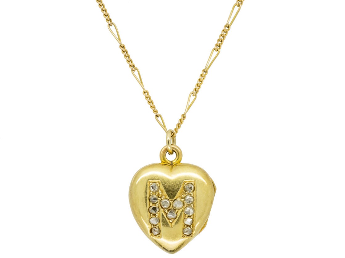 18ct Gold Edwardian Heart Locket set with the Letter "M" in Diamonds on ...