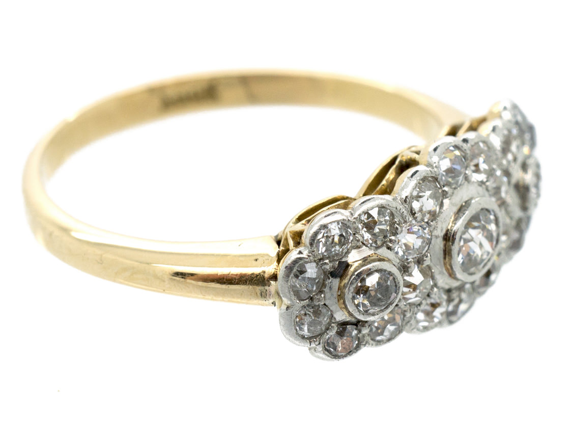 Edwardian 18ct Gold, Platinum & Diamond Triple Cluster Ring - The ... Edwardian 18ct Gold, Platinum & Diamond Triple Cluster Ring - The ...