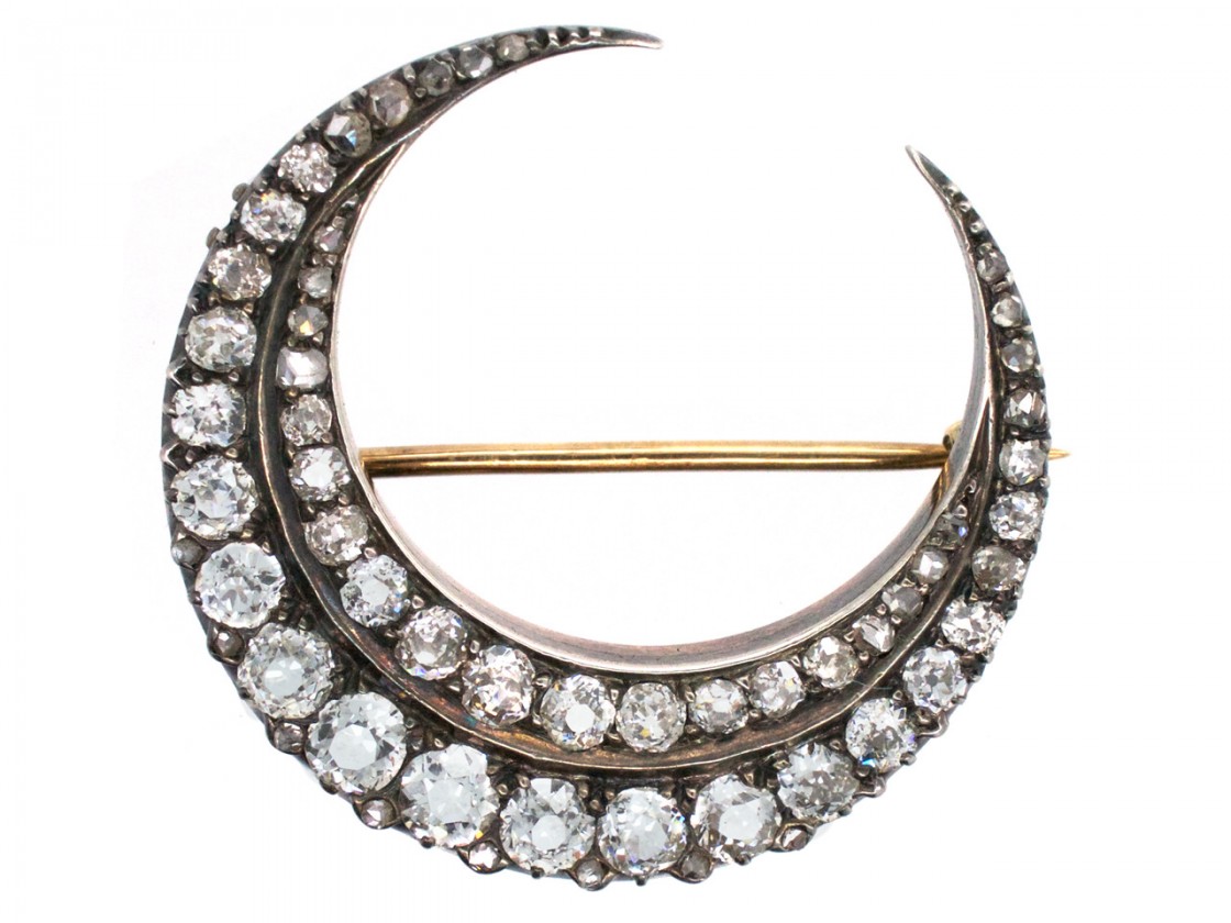 Victorian Diamond Crescent Moon Brooch in Original Case - The Antique ...