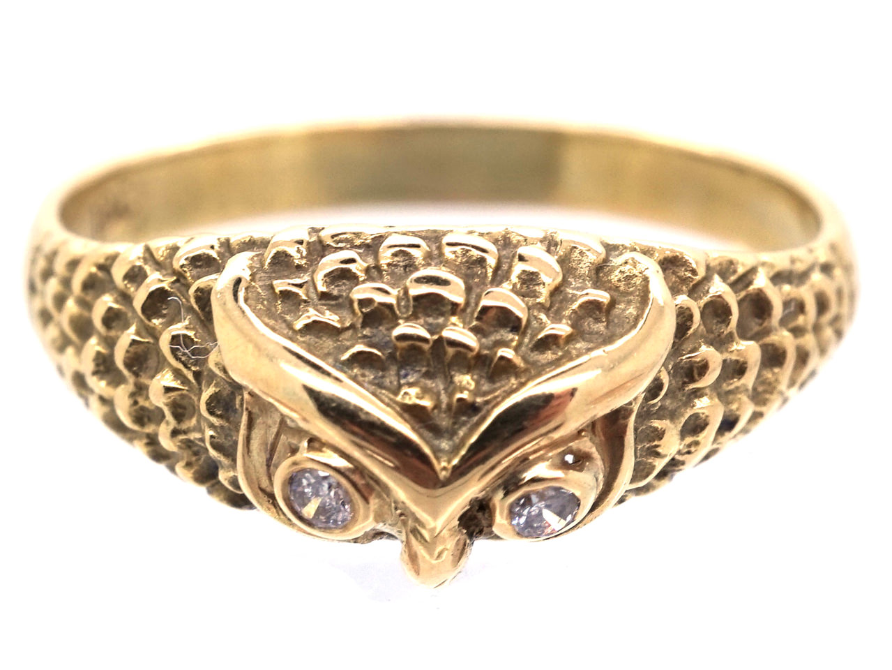18ct Gold Owl Ring with Diamond Eyes - The Antique Jewellery Company