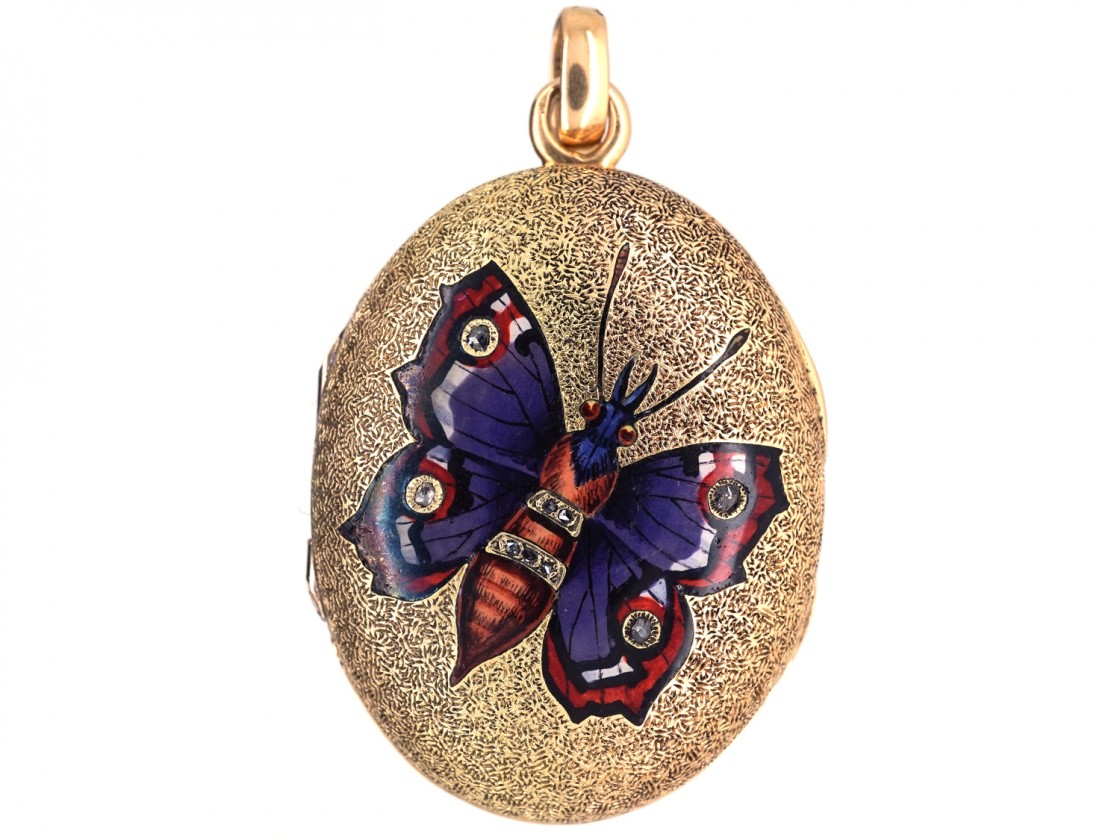 Victorian 15ct Gold Oval Locket with Enamel & Diamond Butterfly - The ...