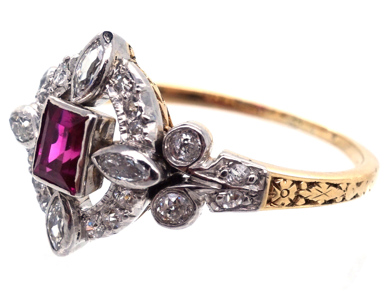 Edwardian Rectangular Ruby & Diamond Ring - The Antique Jewellery Company