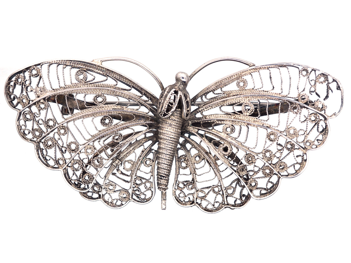 Large Silver Filigree Butterfly Brooch - The Antique Jewellery Company