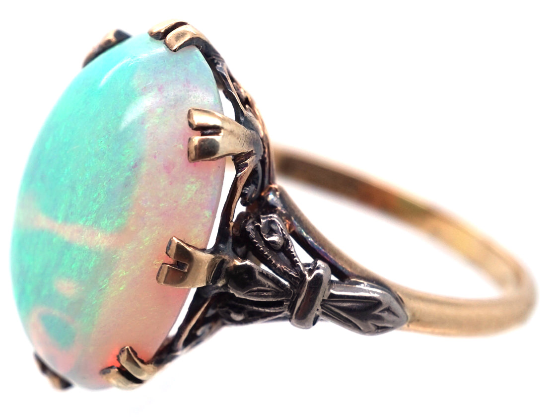 Art Deco 18ct Gold Large Opal Ring - The Antique Jewellery Company