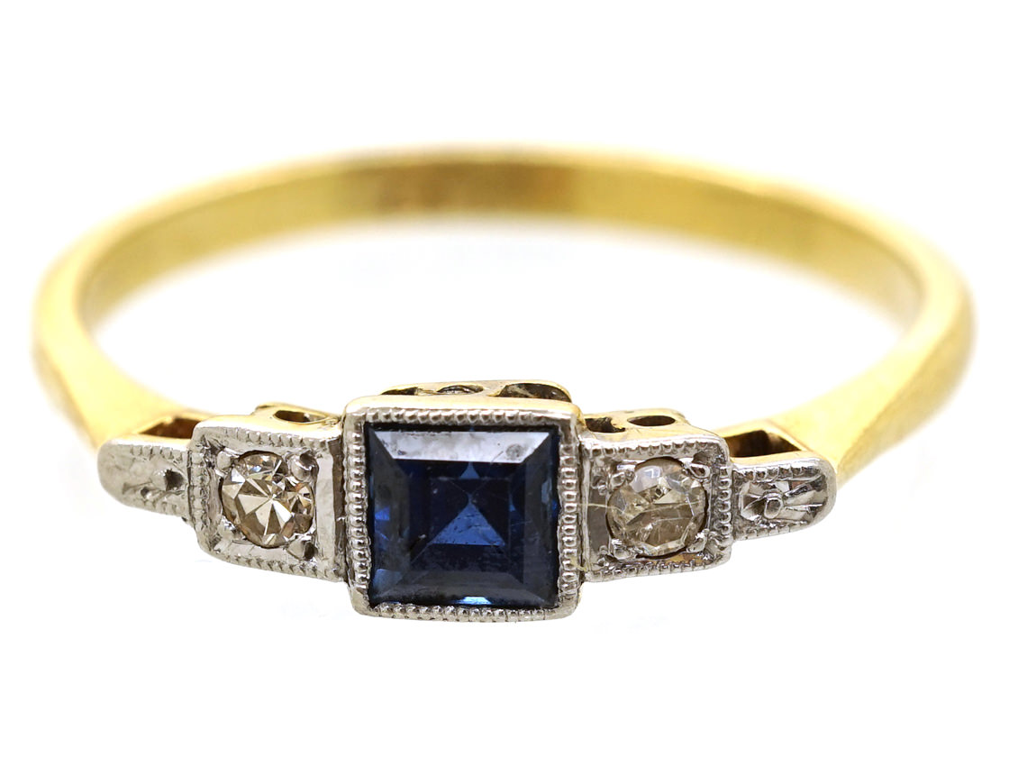 Art Deco Diamond & Square Cut Sapphire Ring - The Antique Jewellery Company