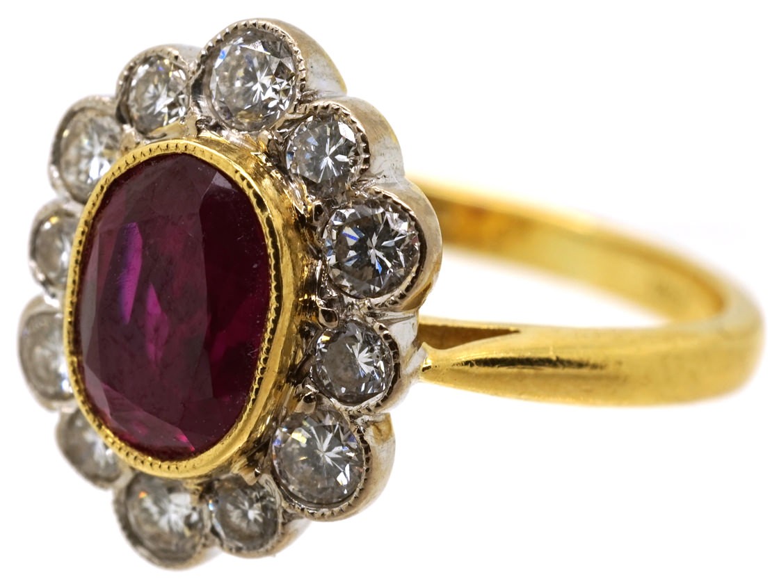 Ruby & Diamond Oval Cluster Ring - The Antique Jewellery Company