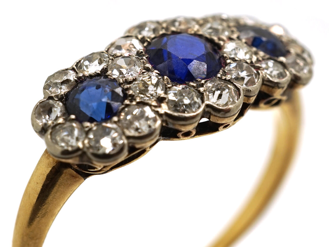 Edwardian 18ct Gold, Sapphire & Diamond Triple Cluster Ring - The ... Edwardian 18ct Gold, Sapphire & Diamond Triple Cluster Ring - The ...