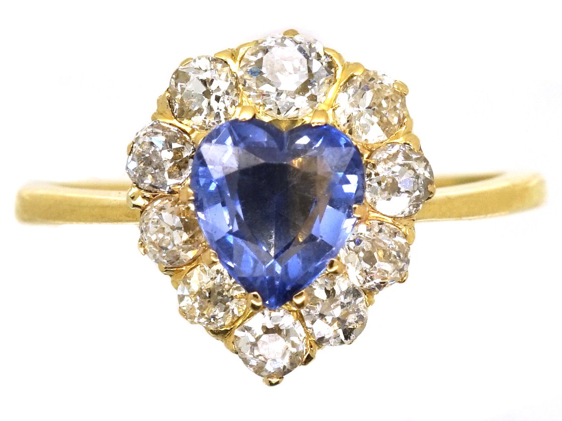 18ct Gold, Diamond & Sapphire Heart Shaped Ring - The Antique Jewellery ...