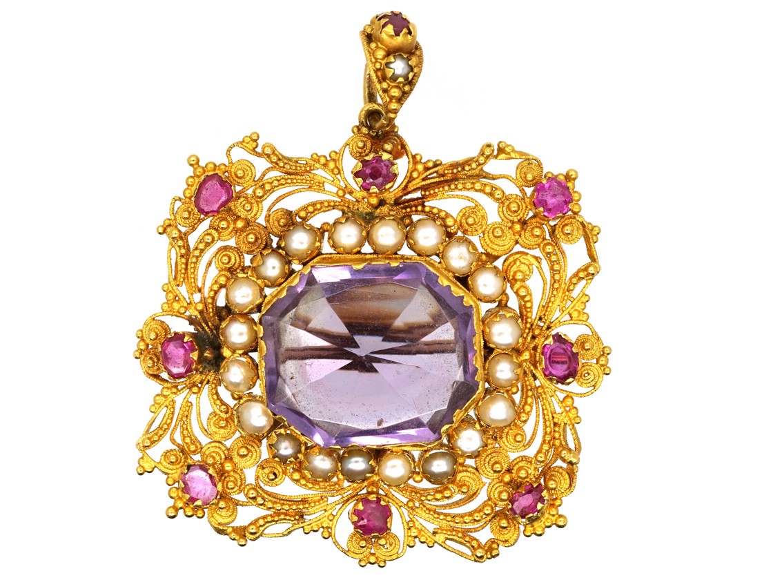 Regency 18ct Gold Ruby, Natural Split Pearl & Amethyst Pendant & Brooch ...