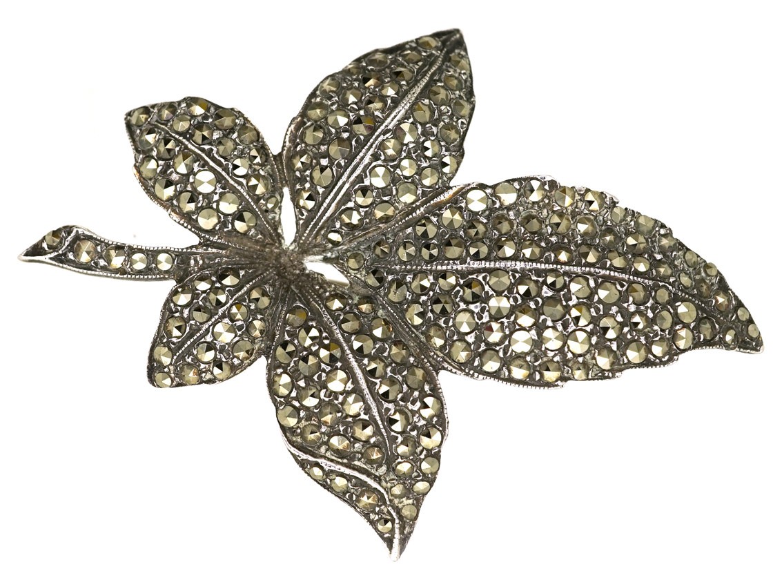 Silver & Marcasite Leaf Brooch and Pendant - The Antique Jewellery Company