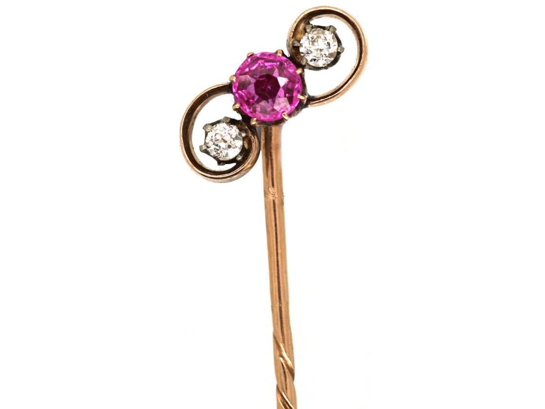 Edwardian 15ct Gold, Ruby & Diamond Tie Pin - The Antique Jewellery Company