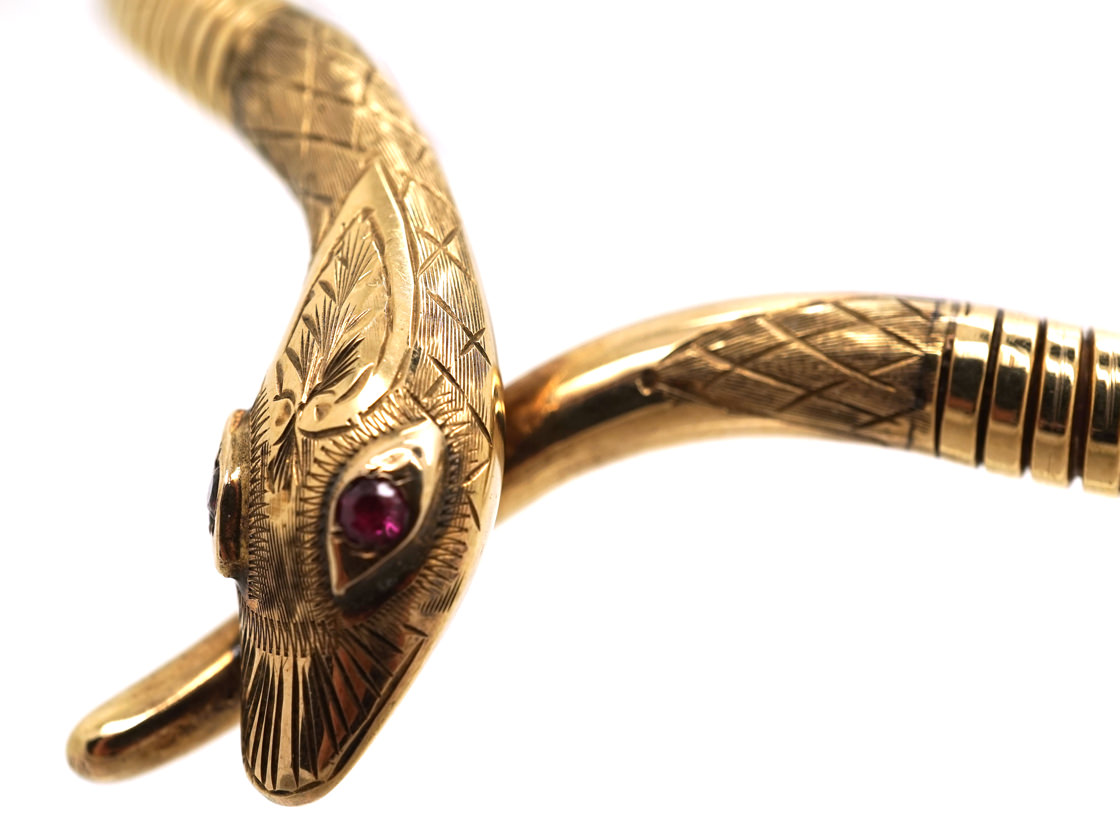 9ct Gold Snake Necklace With Ruby Eyes - The Antique Jewellery Company