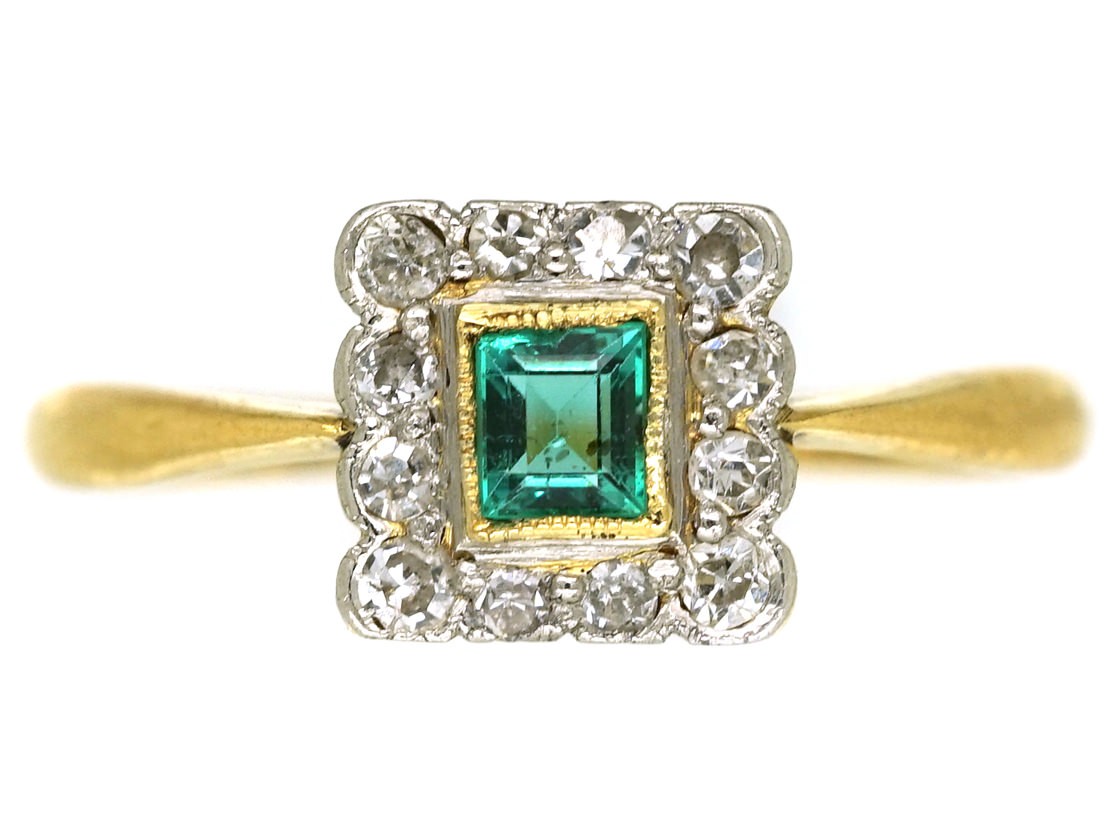 Art Deco 18ct Gold, Platinum, Emerald & Diamond Square Ring - The ...
