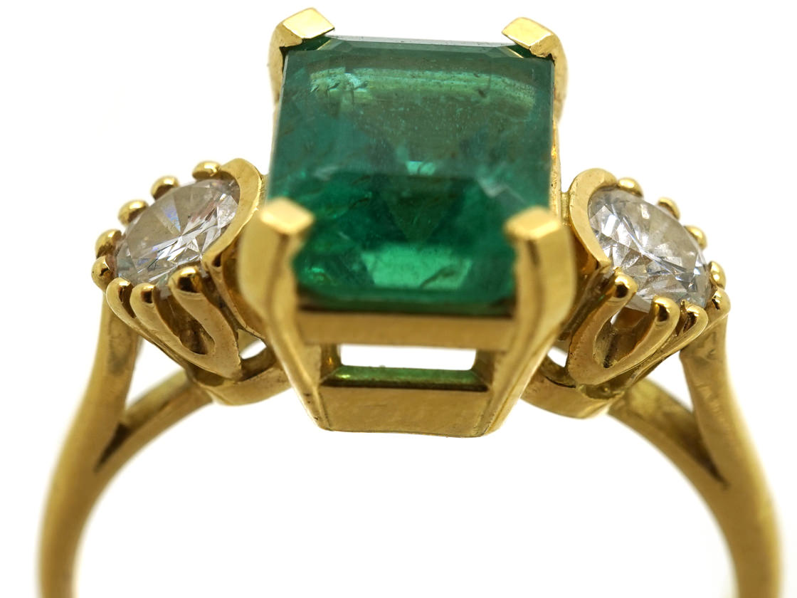 18ct Gold Rectangular Emerald & Diamond Three Stone Ring - The Antique ...