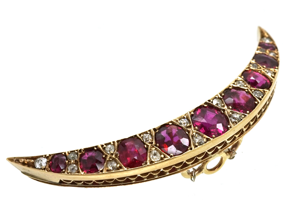 Victorian 15ct Gold, Ruby & Diamond Crescent Brooch - The Antique ...
