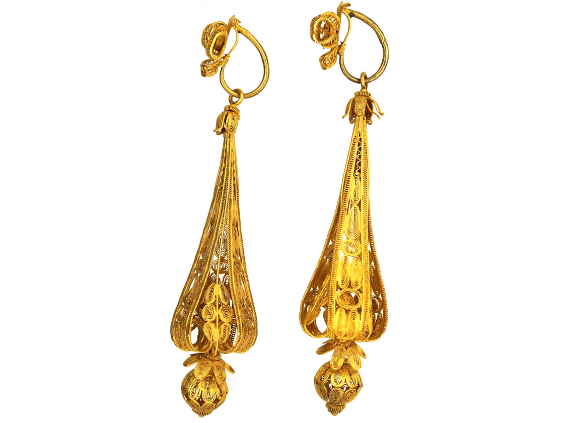 Georgian 18ct Gold Long Drop Earrings - The Antique Jewellery Company Georgian 18ct Gold Long Drop Earrings - The Antique Jewellery Company