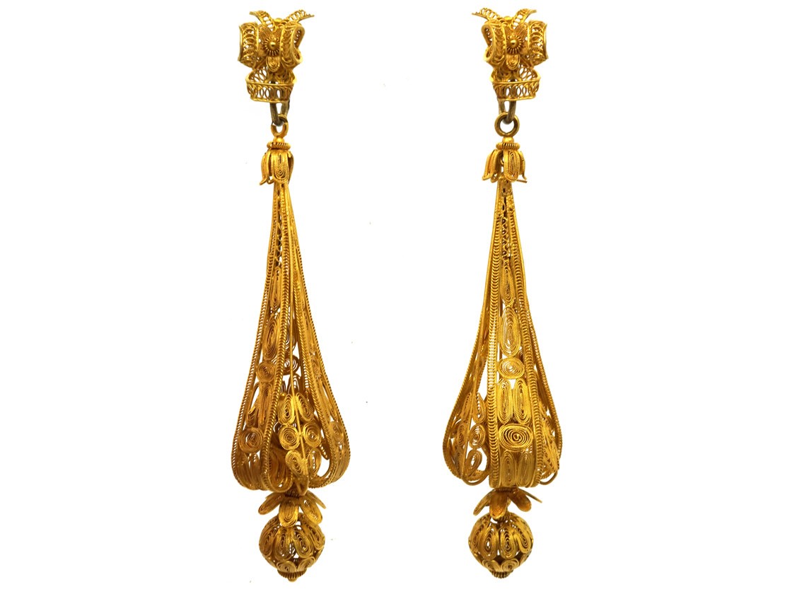 Georgian 18ct Gold Long Drop Earrings - The Antique Jewellery Company Georgian 18ct Gold Long Drop Earrings - The Antique Jewellery Company