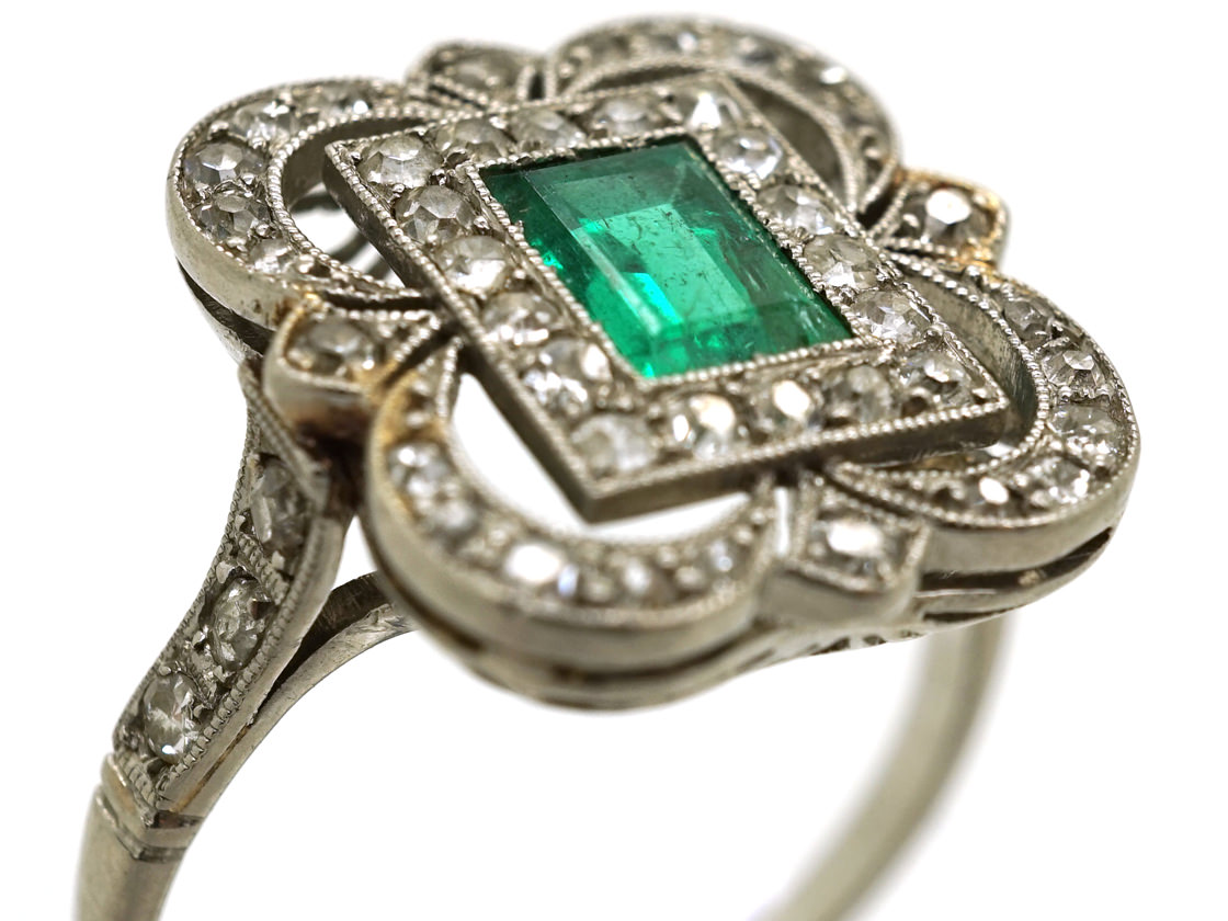 Art Deco Platinum, Emerald & Diamond Rectangular Ring - The Antique ...
