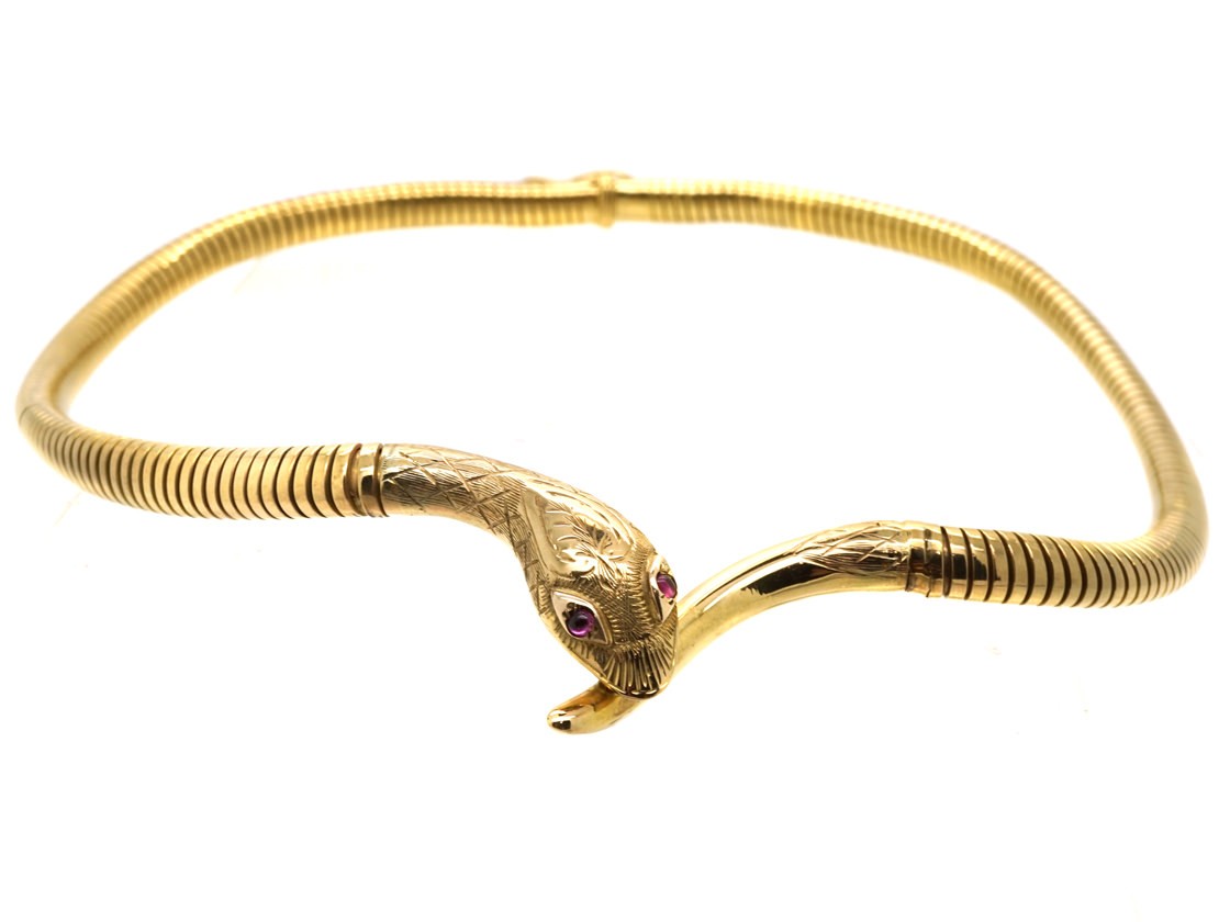 9ct Gold & Ruby Snake Necklace - The Antique Jewellery Company