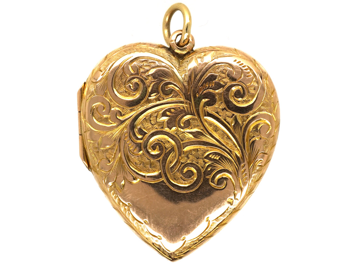 Edwardian 9ct Gold Engraved Heart Shaped Locket The Antique Jewellery