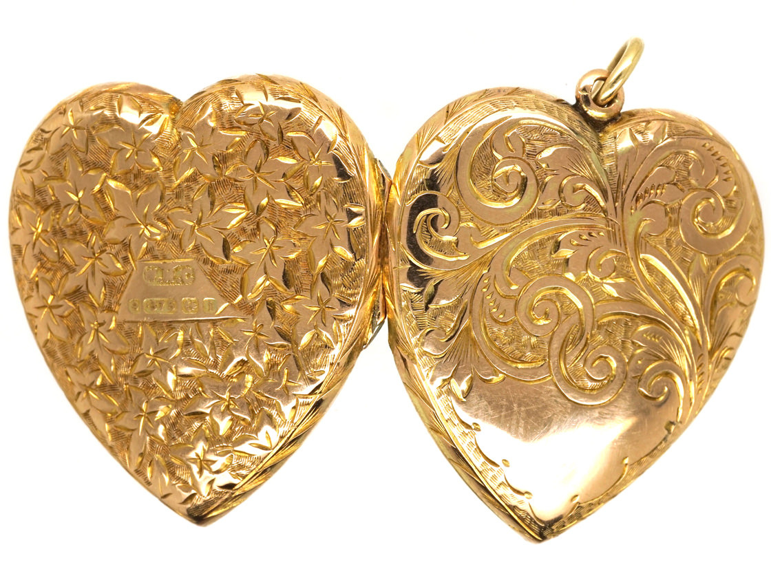 Edwardian 9ct Gold Engraved Heart Shaped Locket - The Antique Jewellery ...