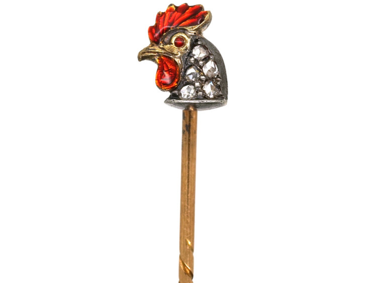 Edwardian 15ct Gold, Red Enamel & Diamond Cockerel Tie Pin - The ...