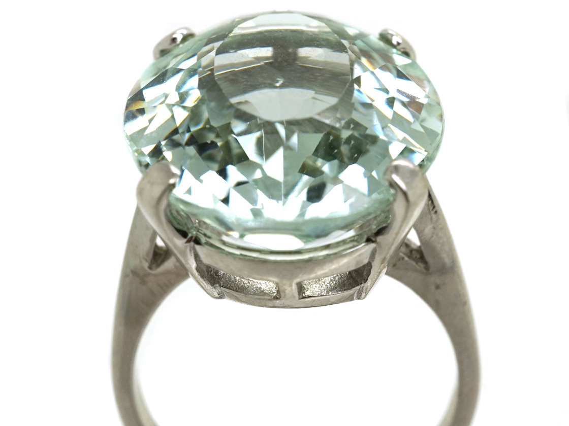 14ct White Gold Large Oval Aquamarine Ring - The Antique Jewellery Company