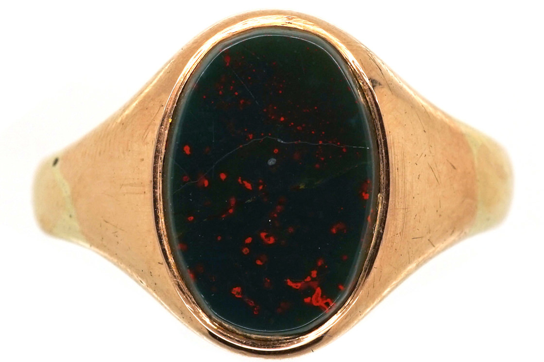 9ct Gold & Oval Bloodstone Signet Ring - The Antique Jewellery Company
