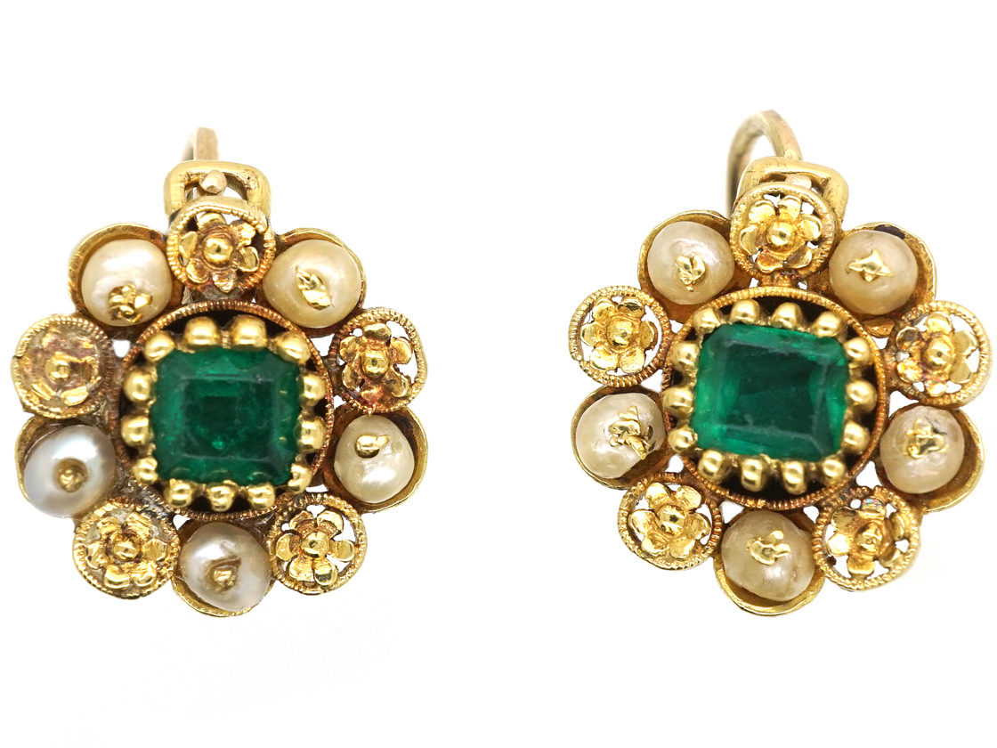 Georgian 18ct Gold Emerald And Pearl Cluster Earrings The Antique