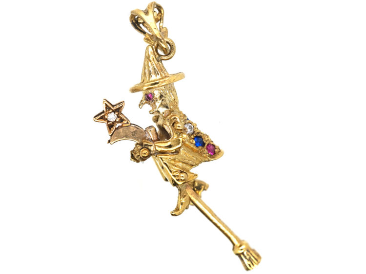 9ct Gold Witch on a Broomstick Pendant - The Antique Jewellery Company